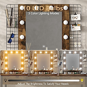 Furniouse Makeup Vanity Desk Set with LED Lights and Mirror, 33" W Makeup Table with Drawer & Charging Station, Dressing Table with Stool for Bedroom, Rustic Brown