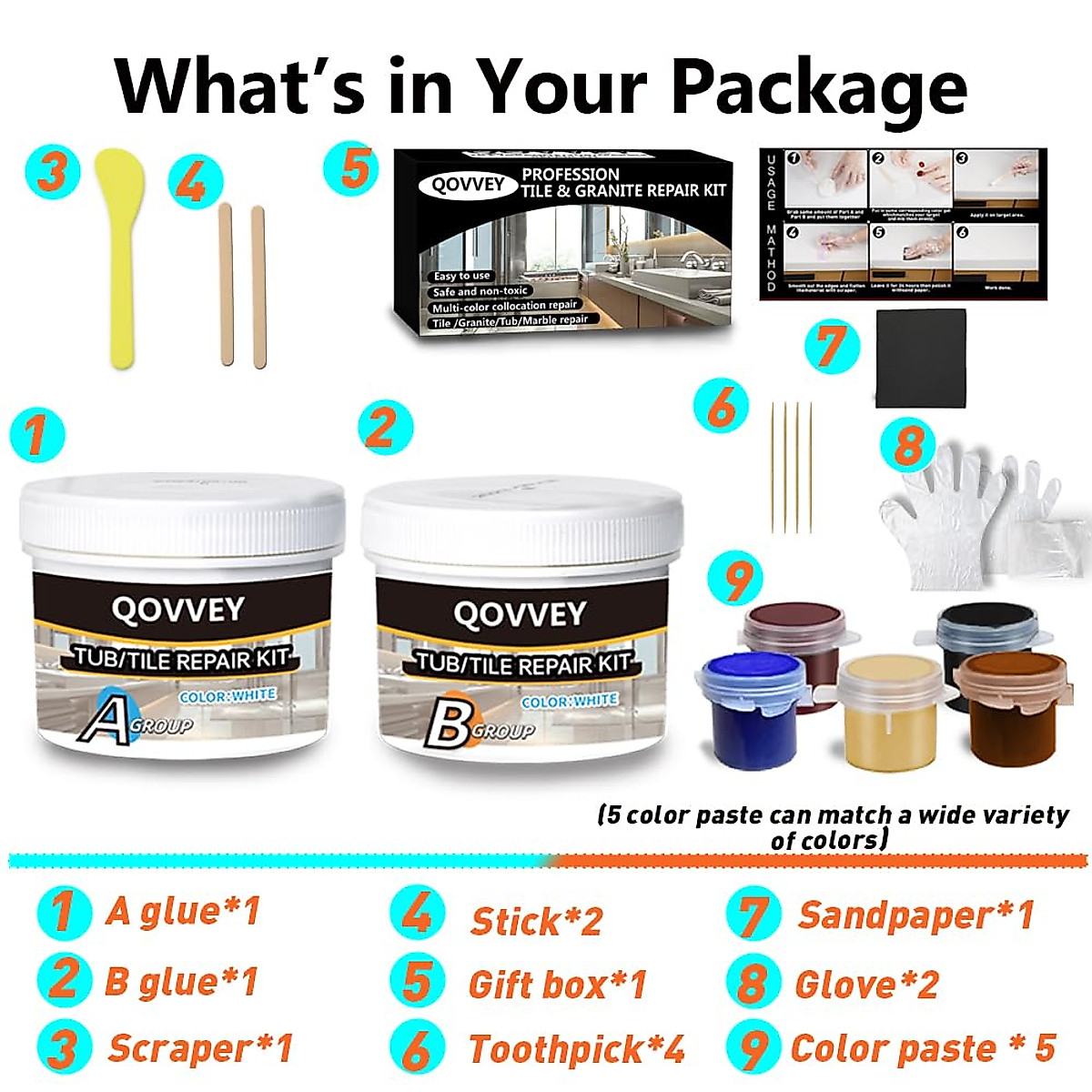 Tile & Fiberglass Quartz Countertop Repair Kit, Granite & Tub Repair Kit, 4 OZ Porcelain Sink Corian Travertine Mable Chip Repair Kit for Cracks