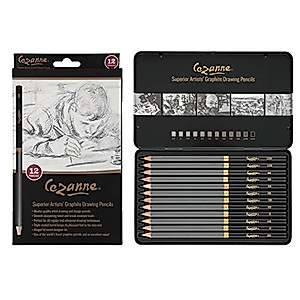 Cezanne Graphite Artist Drawing Pencil Set of 12 Professional Quality for Sketching & Shading, Break Resistant Pre-sharpened Leads, Triple Coated Matte Finished Wood-cased Barrel, Travel Storage Tin