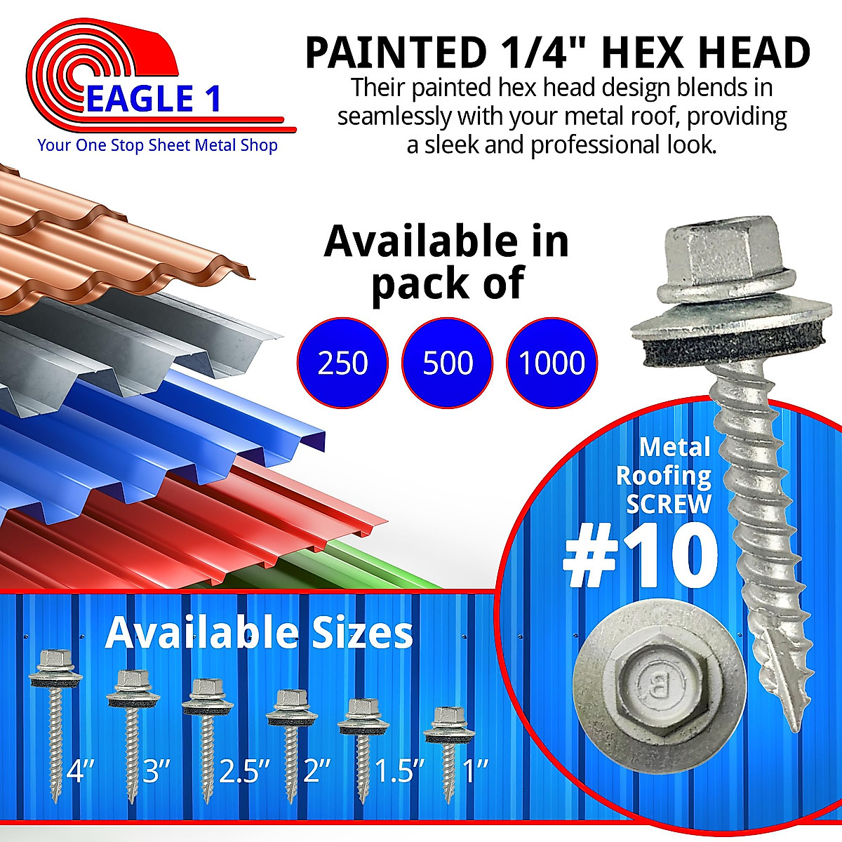 EAGLE 1 Metal Roofing Screws #10 - Painted Hex Head Self-Tapping Screws with EDPM Rubber Washer for Metal to Wood, Vinyl, Small Sheet Metal - Free Magnetic Driver (Zinc, 2 Inch, 500)