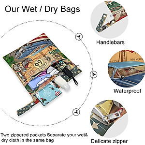 visesunny 2Pcs Wet Bag with Zippered Pockets Vintage Route 66 Pattern Washable Reusable Roomy for Travel,Beach,Pool,Daycare,Stroller,Diapers,Dirty Gym Clothes, Wet Swimsuits, Toiletries