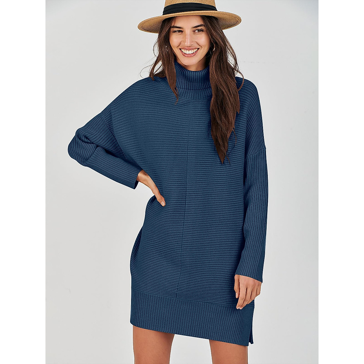 ANRABESS Women's Oversized Turtleneck Sweater Dress Pullover Batwing Sleeve Split Hem Tunics Fall Casual Short Dresses Dark Blue