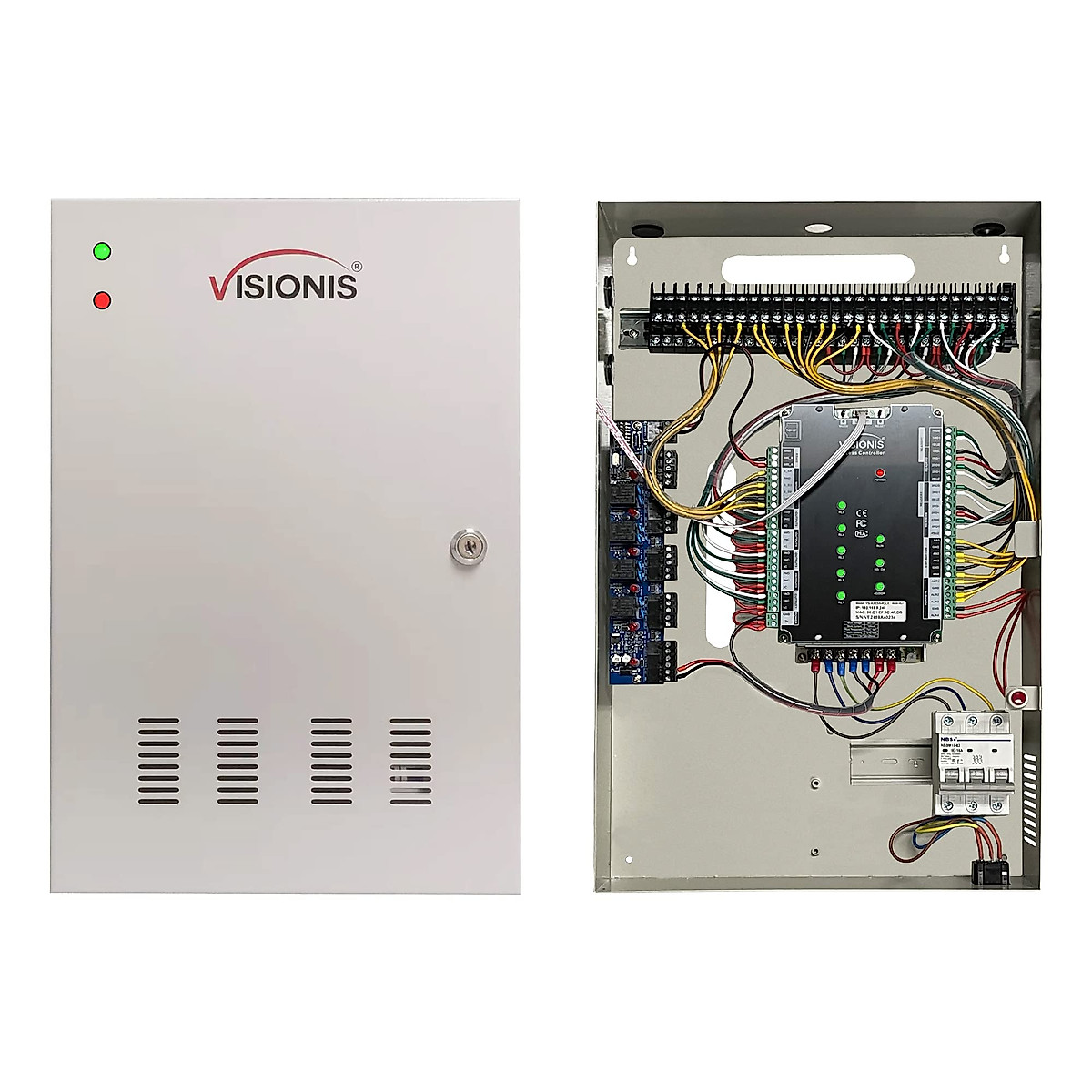Visionis VS-AXESS-4DLX Version 2 Four Door Professional Access Control Panel Controller Board and Power Supply Cabinet with TCP/IP Wiegand Software 20,000 Users + Fire Alarm Extension Board