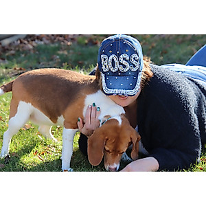 Popfizzy Bling Boss Hat for Women Rhinestone Hat, Bedazzled Baseball Caps, Distressed Hat, Fancy Bejeweled Hats, Sparkle Studded Denim Ball Caps (Boss)