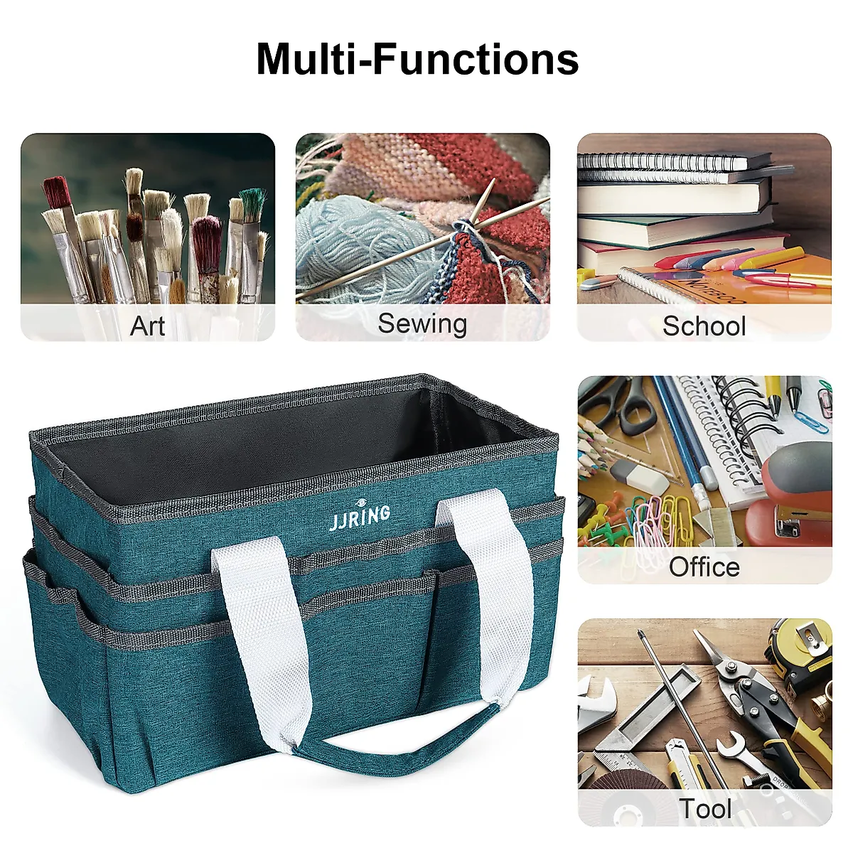 JJRING Craft Organizer Tote Bag for Art Storage, Caddy with Multiple Pockets, Bluish Green Sewing Bag for Scrapbooking, School, Medical, and Office Supplies