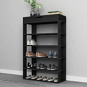 SogesPower Free Standing Shoe Racks 5-Tier Wooden Shoe Rack 29.5 inches Shoe Organizer with Flip Top Shoe Storage Shelf, Black