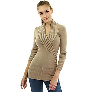 AmélieBoutik Women Shawl Collar Faux Wrap Lace Up Long Sleeve Sweater (Deep Beige X-Small)
