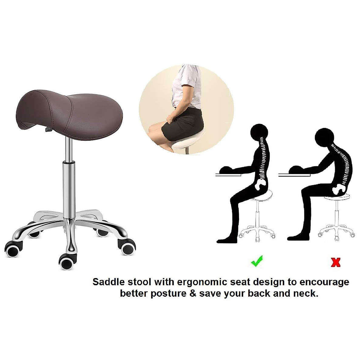 Kaleurrier Saddle Stool Rolling Swivel Height Adjustable with Wheels,Heavy Duty Stool,Ergonomic Stool Chair for Lab,Clinic,Dentist,Salon,Massage,Office and Home Kitchen (Coffee, Without Back)