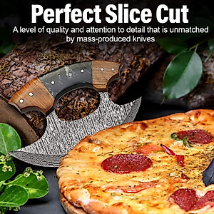 SHANZAY KNIVES SK Damascus ulu knife with leather sheath,6" pizza cutter with wooden handle for stable grip,Alaskan Ulu Knife Used For Multi-Purpose And gifting Its promise to make you happy!