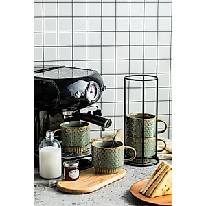 LYEOBOH Coffee Mug, Coffee Mugs Set of 4, Stackable Coffee Mugs with Rack and Spoons - 13 Oz Coffee Cup Set with Stand, Ceramic Coffee Mugs for Home & Kitchen, Blue and Green