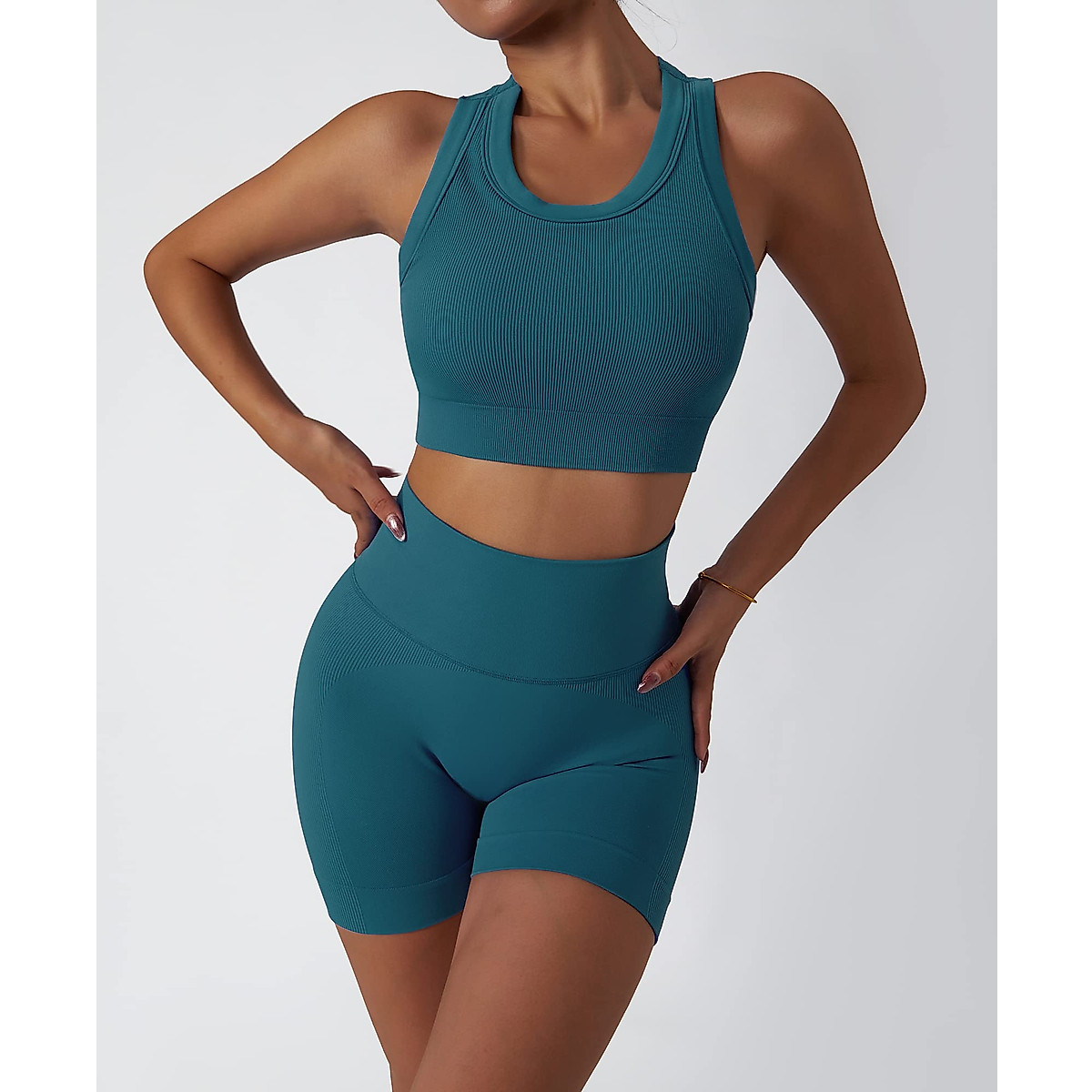 ABOCIW Women 2 Piece Seamless Gym Workout Sets Ribbed High Waist Biker Shorts with Racerback Sports Bra Yoga Crop Tank Top Yoga Exercise Outfit Teal Large