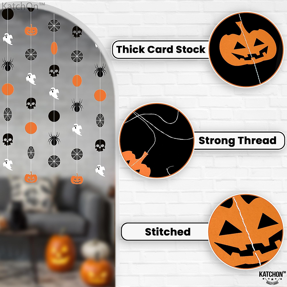 KatchOn, Orange and Black Halloween Garland - 6.5 Feet, 8 String | Halloween Pumpkin Garland, Halloween Decorations | Skull Garland Halloween | Halloween Hanging Garland, Halloween Party Decorations