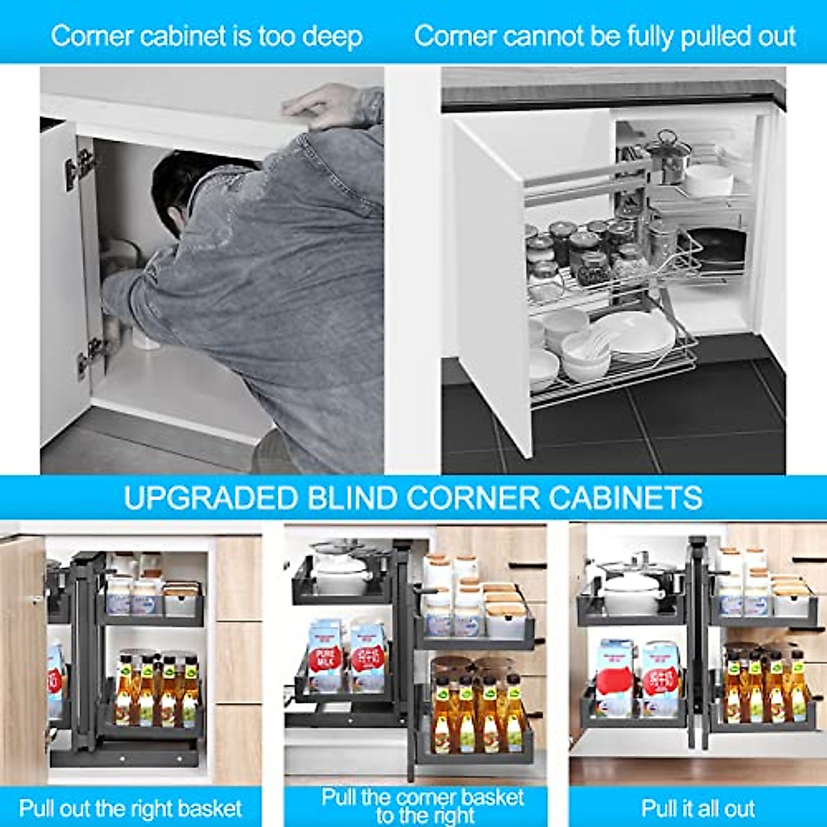 Blind Corner Cabinet Pull Out Organizer with 4-Shelf Glass Basket Corner Stainless Steel Damping Guide Rail Cabinet Storage Shelves Spice Rack for Installation on Left or Right Blind Corner Cabinet (