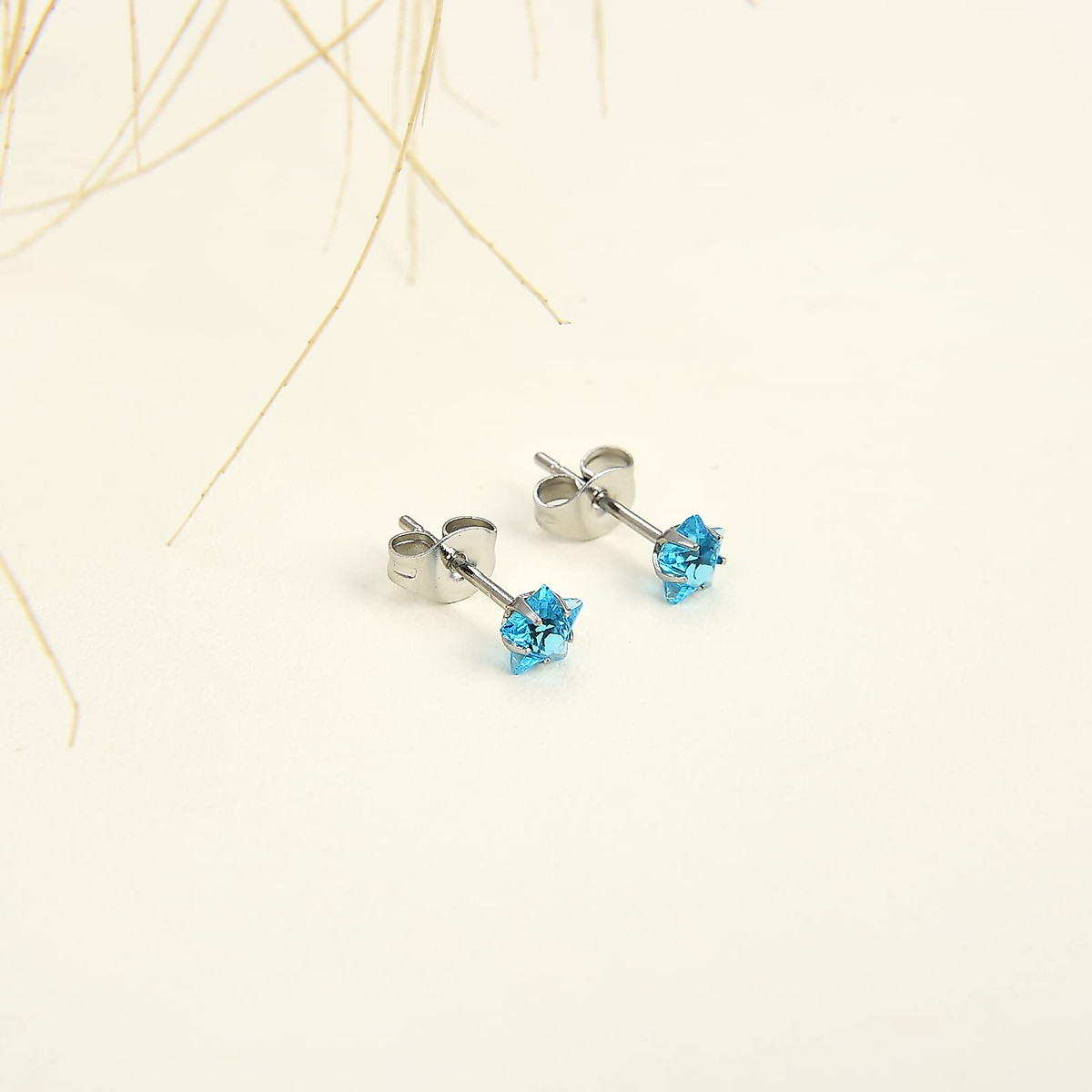 12 Pairs 18K Gold Plated Surgical Stainless Steel Stud Earrings, Star Heart Stud Earring for Women, Cubic Zirconia Birthstone Stud Earrings Set (Silver star 3mm)