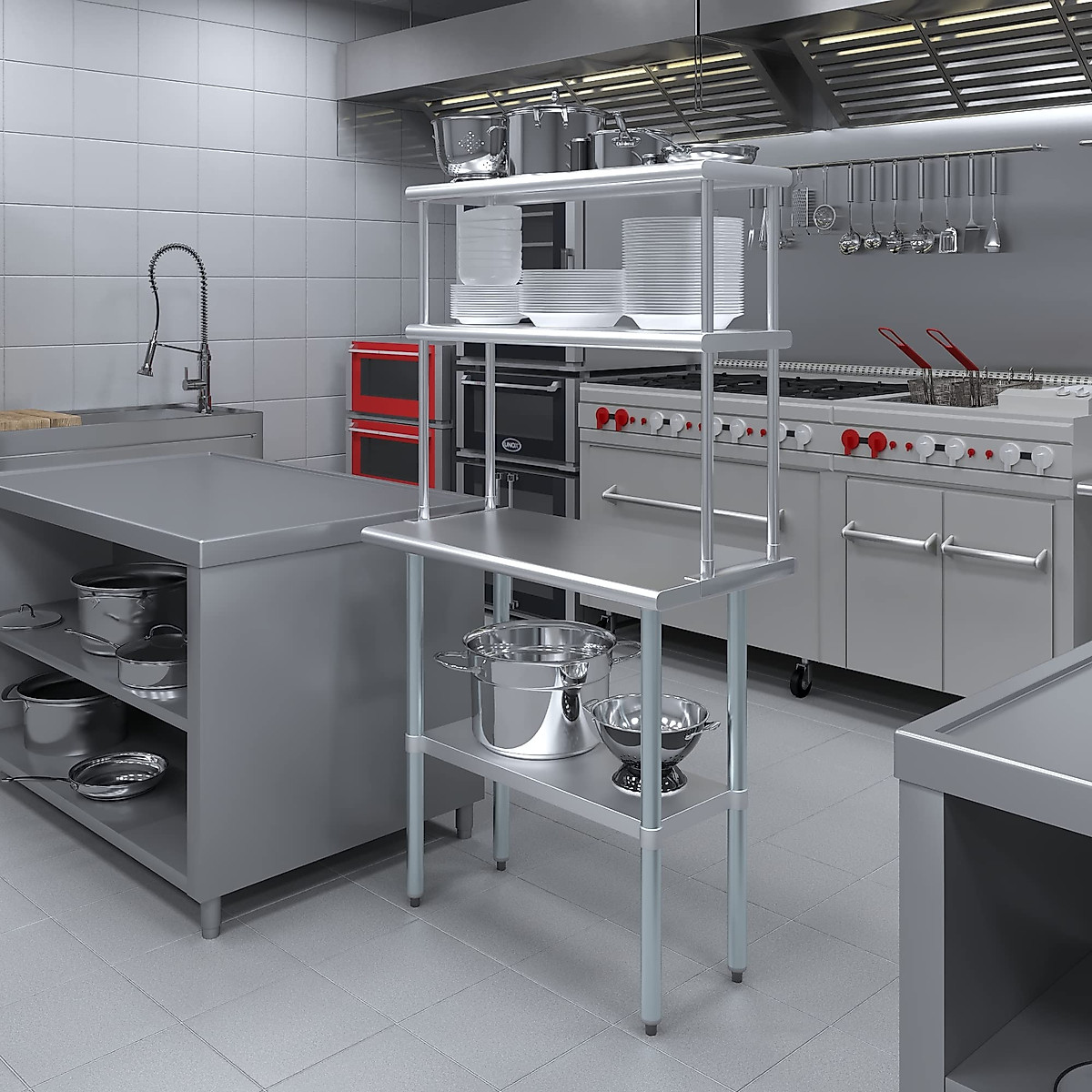 18" x 36" Stainless Steel Work Table with 12" Wide Double Tier Overshelf | Metal Kitchen Prep Table & Shelving Combo