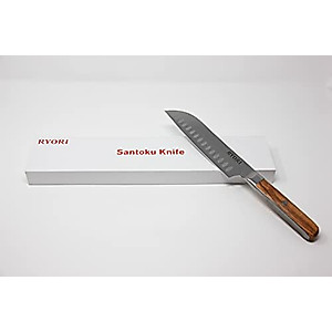 Ryori 7 inch Sharp Santoku Knife | German High Carbon Stainless Steel Blade Kitchen Knife | Ergonomic Olive Wood Handle Chopping Knife for Home or Professional Use