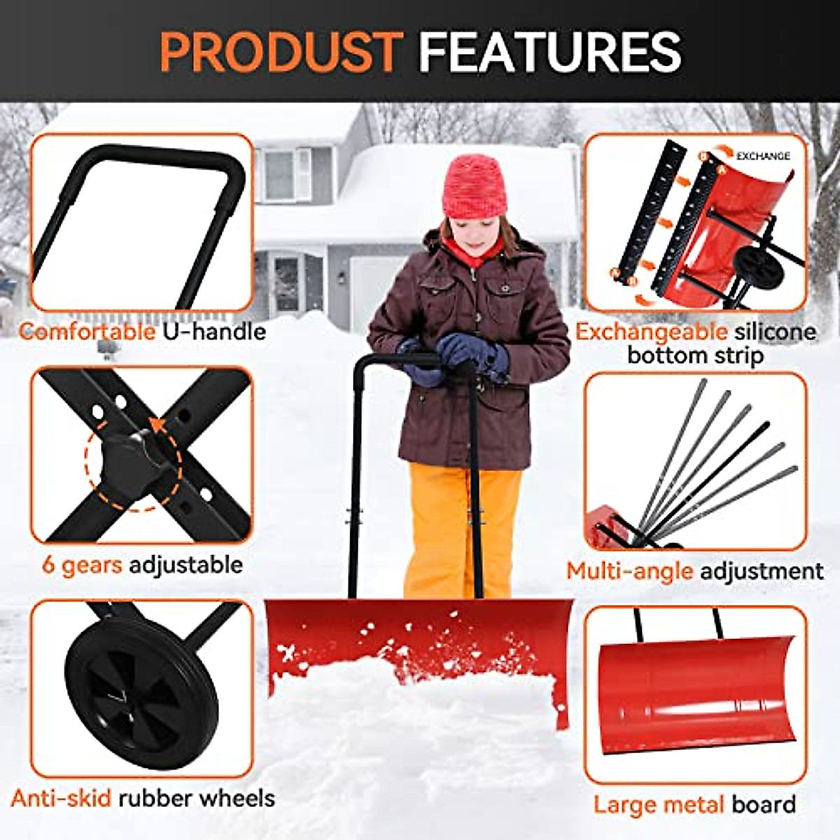 KioGro Metal Snow Shovel, Wheeled Snow Pusher Shovel with Adjustable Handle 30-Inch Heavy Duty Blade Snow Removal for Driveway, Decks, Sidewalks