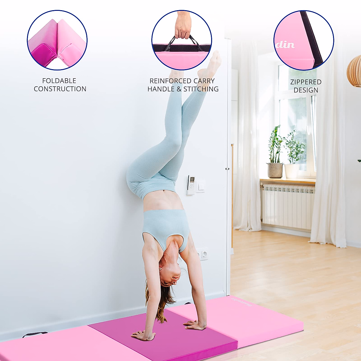 Matladin 6' Folding Tri-fold Gymnastics Gym Exercise Aerobics Mat, 6ft x 2ft x 2in PU Leather Tumbling Mats with Hook & Loop Fastener for Stretching Yoga Cheerleading Martial Arts (Purple&Pink)