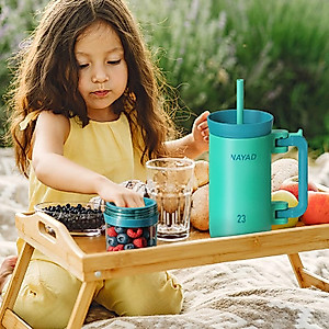NAYAD Kids 22 oz Tumbler with Handle and Straw & 10oz Snack Container - Foldable Handle, Stainless Steel Bottle Dual Lids(Leakproof Flip +Silicone Straw Lid) for School, Sports,Travel & Camp, Bows