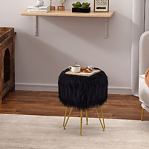 RunLexi Vanity Stool Chair with Storage, Faux Fur Makeup Room Seat Stool, Soft Padded Seat, Round Footrest Footstools with 4 Metal Legs & Adjustable Footings, Vanity, Bathroom, Bedroom Chairs Black
