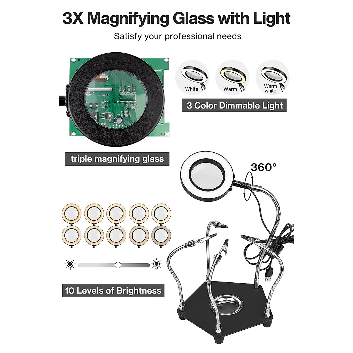 Helping Hands Soldering Station, Third Hand Soldering Tool with 3X Magnifying Glass Dimmable LED, Flexible Helping Hands Soldering with 4 Flexible for Welding Repair Hobby DIY