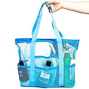 ZB.soar Mesh Beach Bags,9 Pockets Beach Bag, Large Beach Tote Swim Bags Pool Bag with Pockets (Sky Blue)