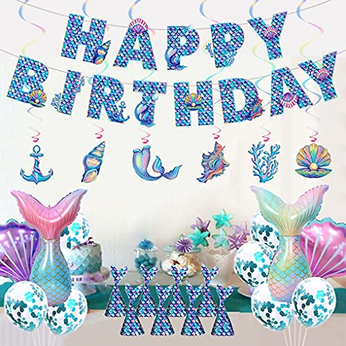 Mermaid Party Decorations, Mermaid Birthday Decorations with Happy Birthday Banner/Balloons Photo Prop/Hanging Swirl Decors (Blue, Decorations)