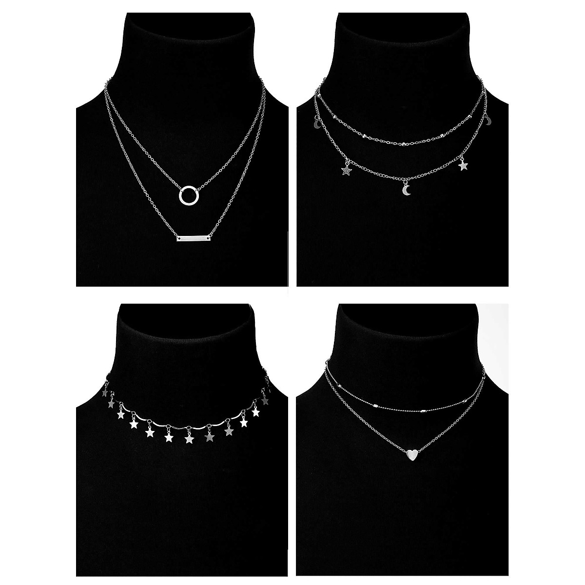 BBTO 9 Pieces Women Girls Layered Choker Necklace Sliver Layered Pendant Choker Jewelry Set (Style 1)