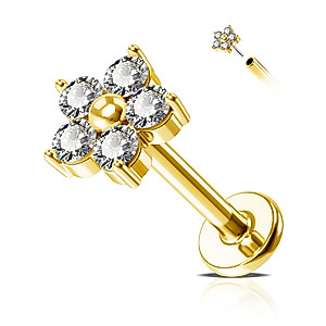 Jewseen 14K Gold Top Push in Threadless CZ Flower Flat Back Stud Opal Cartilage Earring Nose Stud Lip Ring Threadless Earring Helix Stud Tragus Piercing Jewelry for Women Men