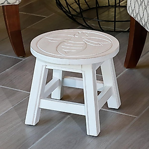 Carved Wooden Step Stool with Queen Bee Pattern,Round 11"W Versatile Wood Short Stool with Footrest,Indoor Foot Stool for Kitchen Living Room Bedroom Bathroom, No Assembly Needed,Antique White