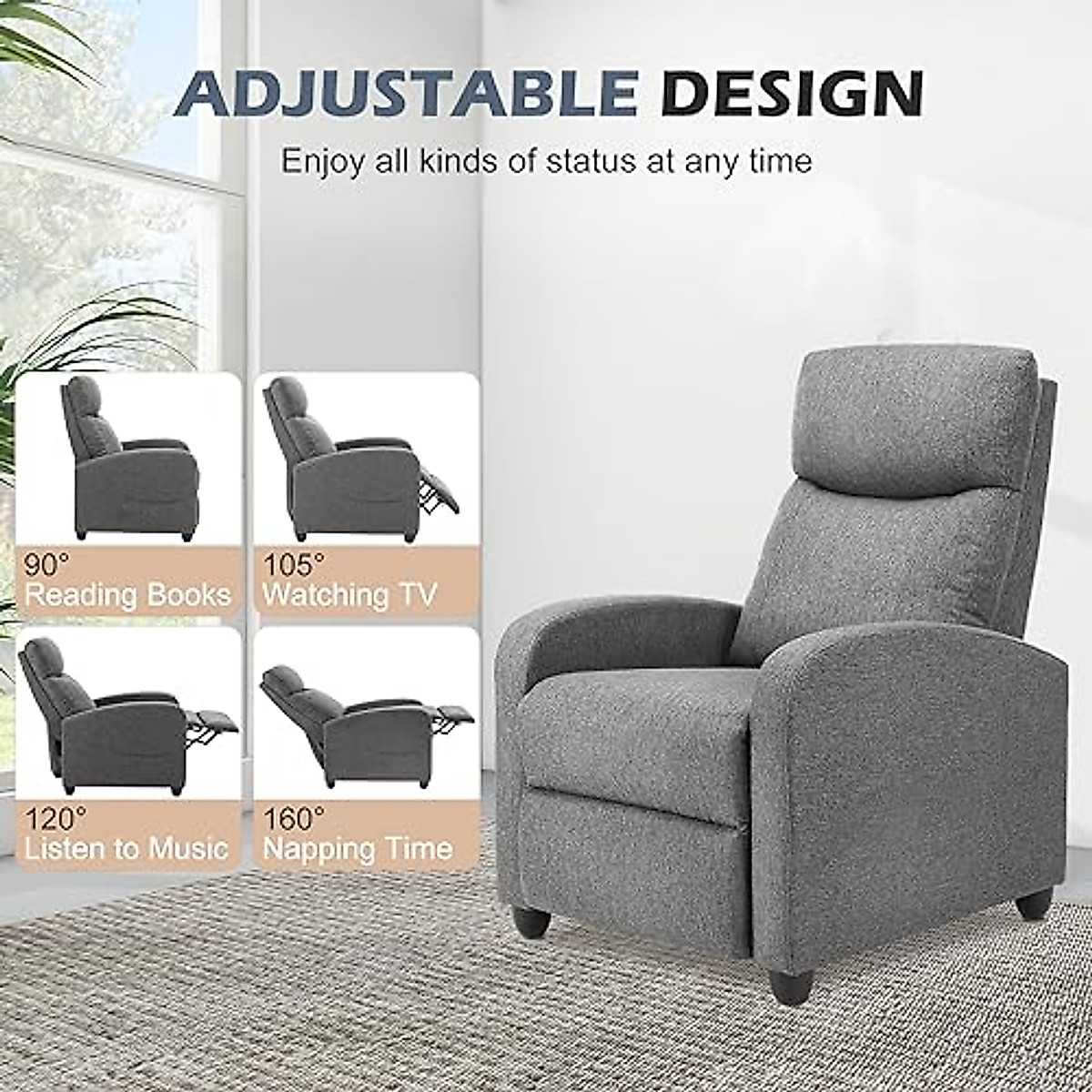 SMUG Recliner Chair Massage Reclining for Adults, Comfortable Fabric Recliner Adjustable Home Theater Seating Lounge with Padded Seat Backrest, Small Recliners for Living Room, Bedroom (Deep Grey)