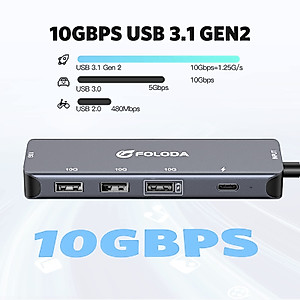 USB C Hub 3.1 Gen2 10Gbps Adapter, FOLODA 3.2 Gen2/USB 3.1 Gen2 USB C Hub with 3*Type-A, 1*Type C 10Gbps Ports (7.5W Charge) and 1*USB-C 100W Power Delivery, Super Speed Data Transfer Docking Station