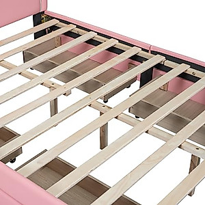 HBRR Wooden Bed Frame Full Size with 4 Storage Drawers and Bunny Ears Headboard, Upholstered Platform Bed with Storage for Kids Teens Boys & Girls, No Box Spring Needed, Pink