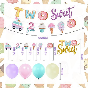 Two Sweet Ice Cream Birthday Party Decorations, Two Sweet Party Banner Cake Cupcake Toppers Macaron Balloons for Kid Ice Cream/Donut Theme Second Birthday Party Girls Ice Cream 2nd Bday Party Supplies
