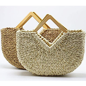Womens Top Handle Straw Beach Tote Bags Shoulder Bag Beach Bag Large Size Purses Big Woven Rhombus Handle Bag
