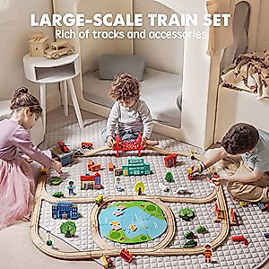 Tiny Land Train Set 110pcs Wooden Train Set, Toy Train for Boys & Girls with Wooden Train Track, Wooden Toys for 3-7 Years Old Toddlers & Kids, Railway Set Christmas Toys for Kids