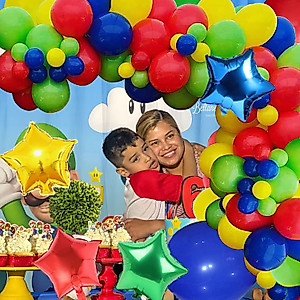Toy Carnival Balloon Garland Kit, 112 Pcs Blue Green Red Yellow Balloon Arch with Star Foil Balloons for Toy Carnival Theme Video Game Birthday Party Rainbow Party