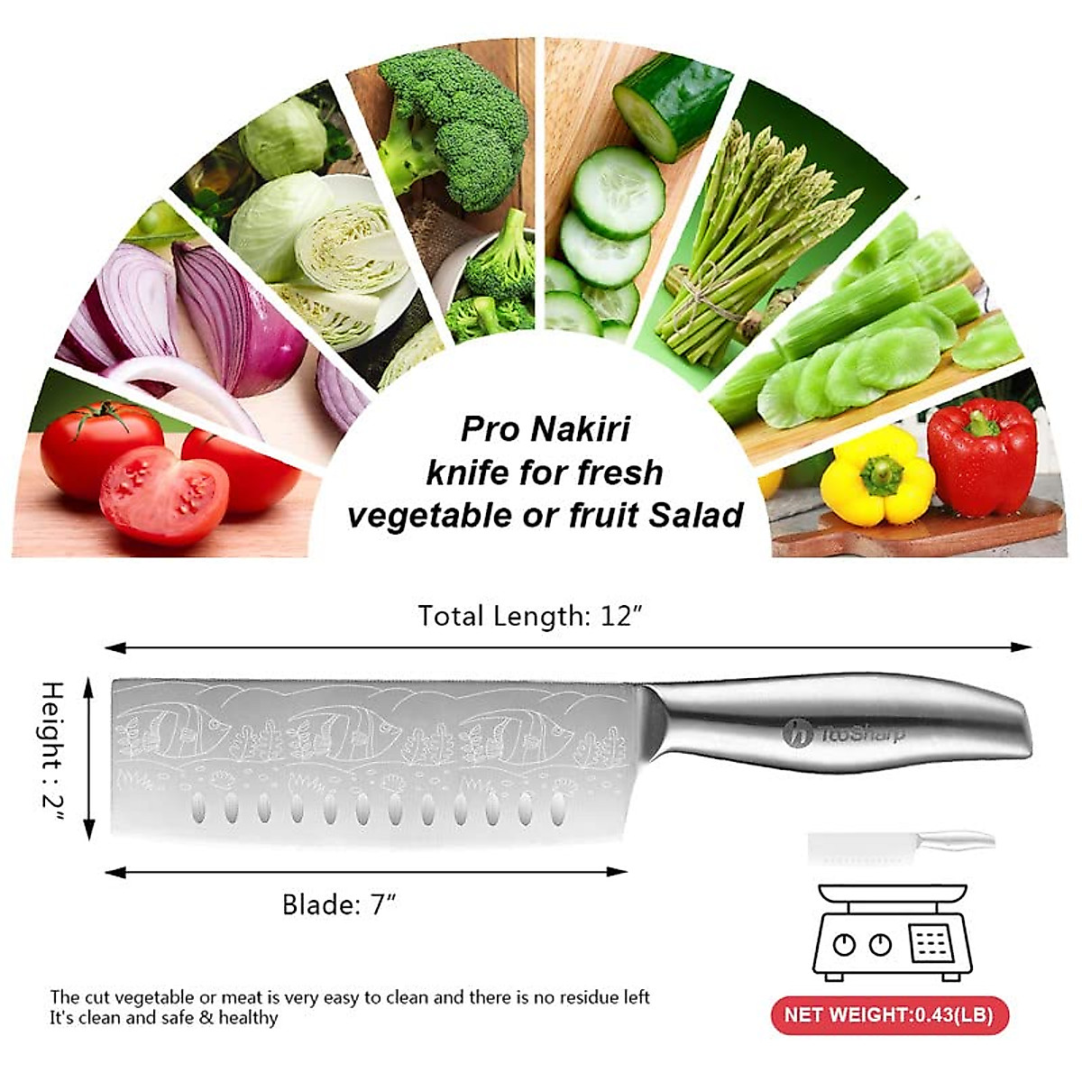 TooSharp Nakiri Knife 7 Inch, Update Fit/304 Stainless Steel Handle,Vegetable Kitchen Knife, Good Sharp Helper for Cooking, Meat, Home and Kitchen