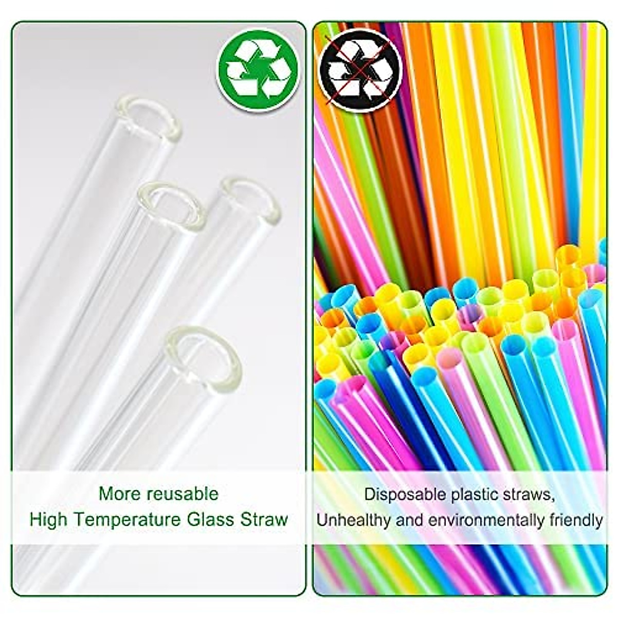 Reusable Drinking Straws Glass Clear 12-Pack, with 4 Cleaning Brush Size 8.5''x10 MM Set of 6 Straight and 6 Bent - Perfect for Cocktail Glass, Smoothies, Tea, Juice, Milkshakes
