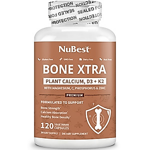 Bone Xtra - Vegan Bone Strength Formula for Stronger Bones, Plant-based Calcium from Marine Algae, Vitamins D3, Vitamin K2, Magnesium, Phosphorus & More for Teens, Adults - 120 Caps | 1 Month Supply
