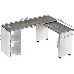 DOSLEEPS L Shaped Desk with Storage 360° Rotating Computer Desk, Modern Wood Entryway Console Table, Home Office Desk,Grey & White.