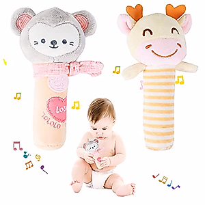 Funsland Baby Rattles Toys Soft Plush Hand Rattles Hand Grip Toys Stuffed Animal Rattles Shaker for 3 6 9 12 Months Infants Newborn 2 Pack