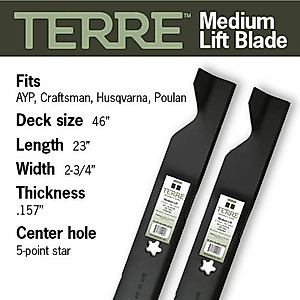 Terre Products, 2 Pack Medium Lift Lawn Mower Blades, 46 Inch Cut, Compatible with Craftsman, Husqvarna, Poulan, AYP, Replacement for 33266, 403107, 405380, 532405380