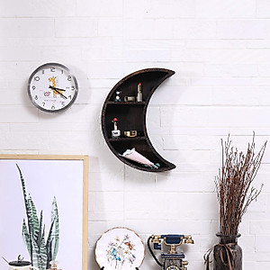 Wall Mounted Moon Shelf-Solid Wood Crystal Shelf，Distressed Antique Finished Storage Holder,Farmhouse Hanging Disaplay Shelves for Living Room,Bedroom(Burnt Color)