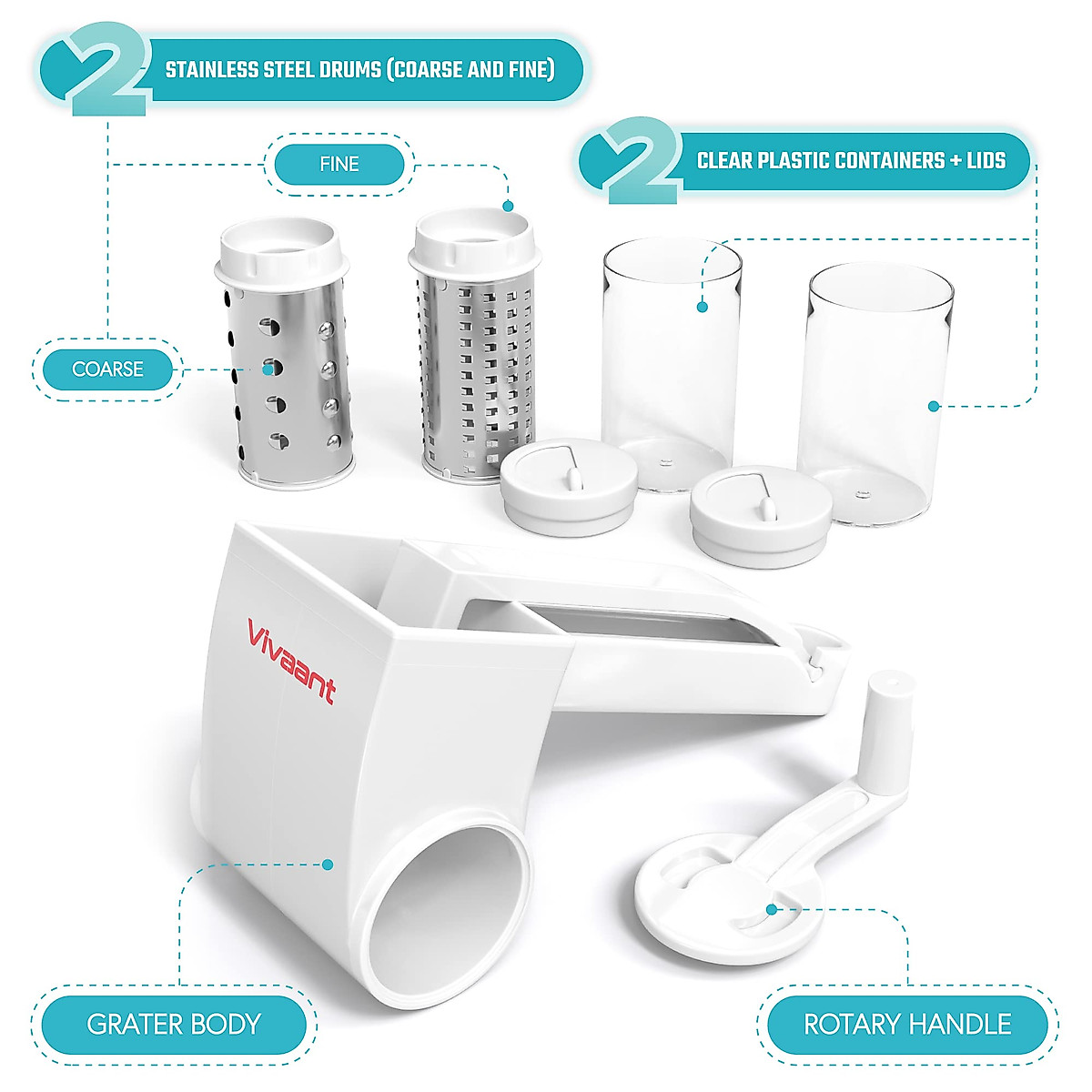 Vivaant Professional-Grade Rotary Grater - 2 Stainless Steel Drums - Grate Or Shred Hard Cheeses, Chocolate, Nuts, and More - Award-Winning Design with Handle