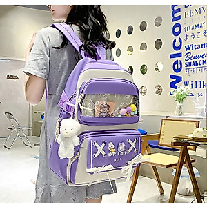 DUOBAOYU 5PCS Kawaii Backpack Set with Cute Pendants and Pins Accessories Aesthetic Rucksack for Teen Girls 17in Cute School Bags Bookbag with Shoulder Bag,Pencil Box,Tote Bag,Small Bag,Purple