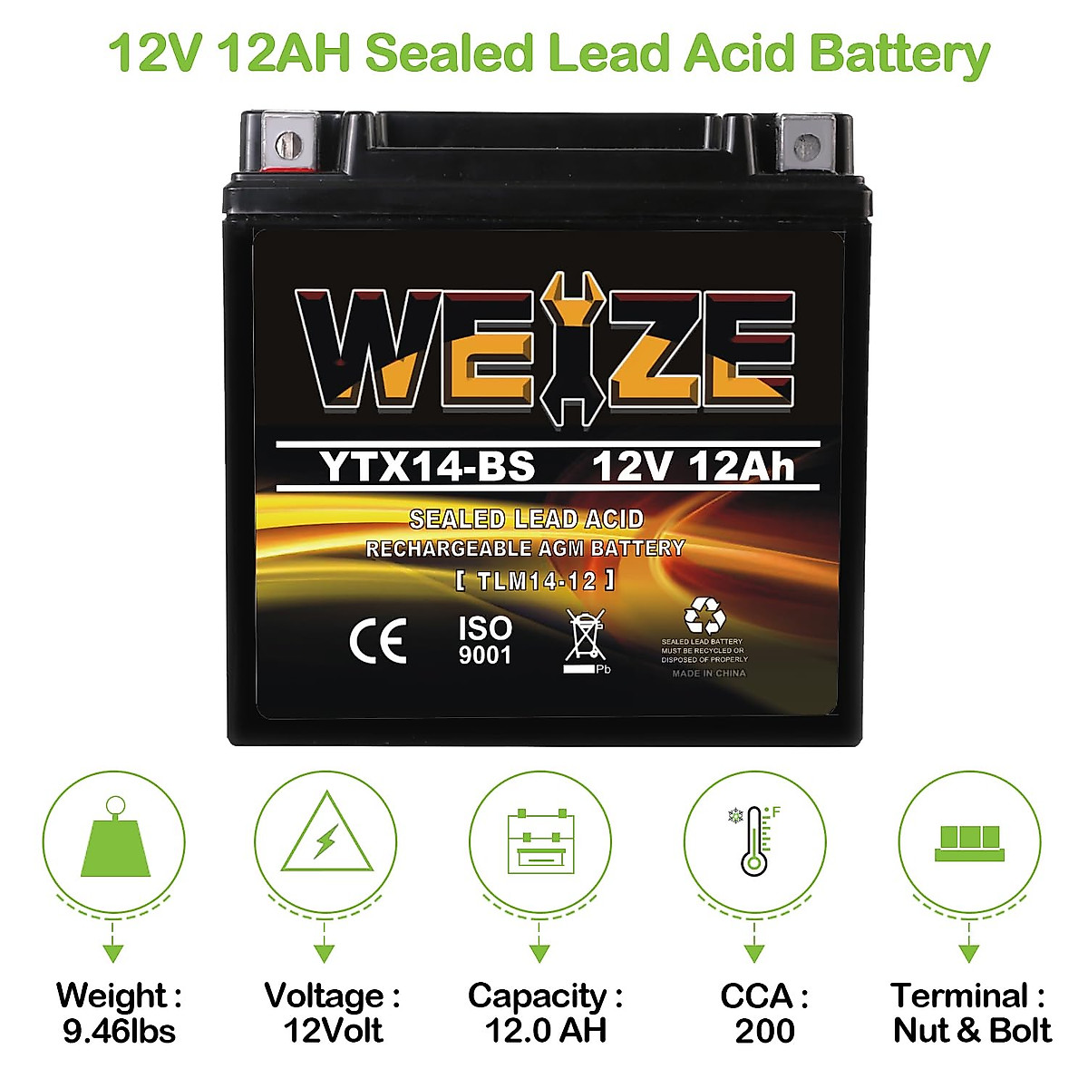Weize YTX14 BS ATV Battery High Performance - Maintenance Free - Sealed AGM YTX14-BS Motorcycle Battery compatible with Honda Suzuki Kawasaki Yamaha scooter snowmobile