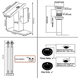 Black Bathroom Faucet Golden Waterfall Open Spout LED Color Changing One Hole Bath Vanity Sink Tap Single Handle with Bathroom Sink Drain Pop Up Stopper Overflow Water Supply Hose Include Modern