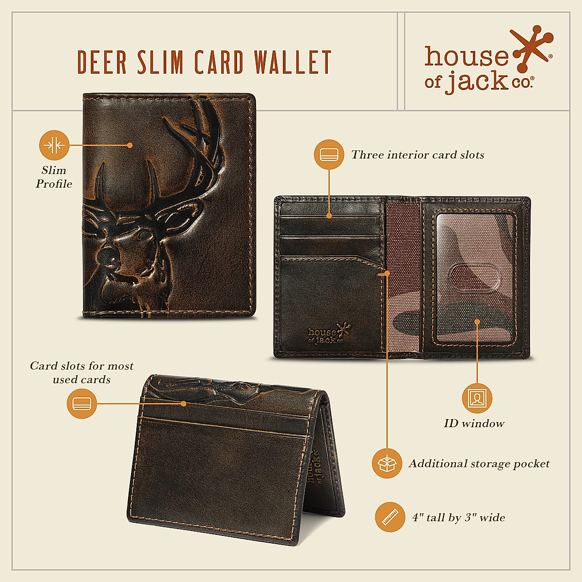 House of Jack Co. DEER Slim Card Wallet | Minimalist Bifold Card Holder| Full Grain Cowhide with Handburnished Finish | Slim Wallet For Men