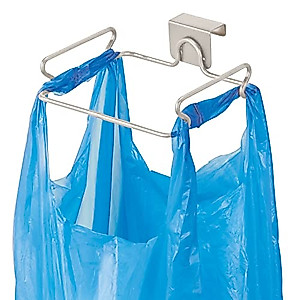mDesign Over the Cabinet Metal Wire Small Garbage Container, Trash Bag Holder Rack for Recycled Reusable Disposable Plastic Shopping Grocery Bags for Kitchen, Pantry, Garage, Bathroom - Satin